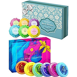 Bath Bombs Ultra Lux Gift Set - 6 XXL Fizzies with Natural Dead Sea Salt Cocoa and Shea Essential Oils Plus Aromatherapy Shower Steamers, Set of 6 Scent Tablets