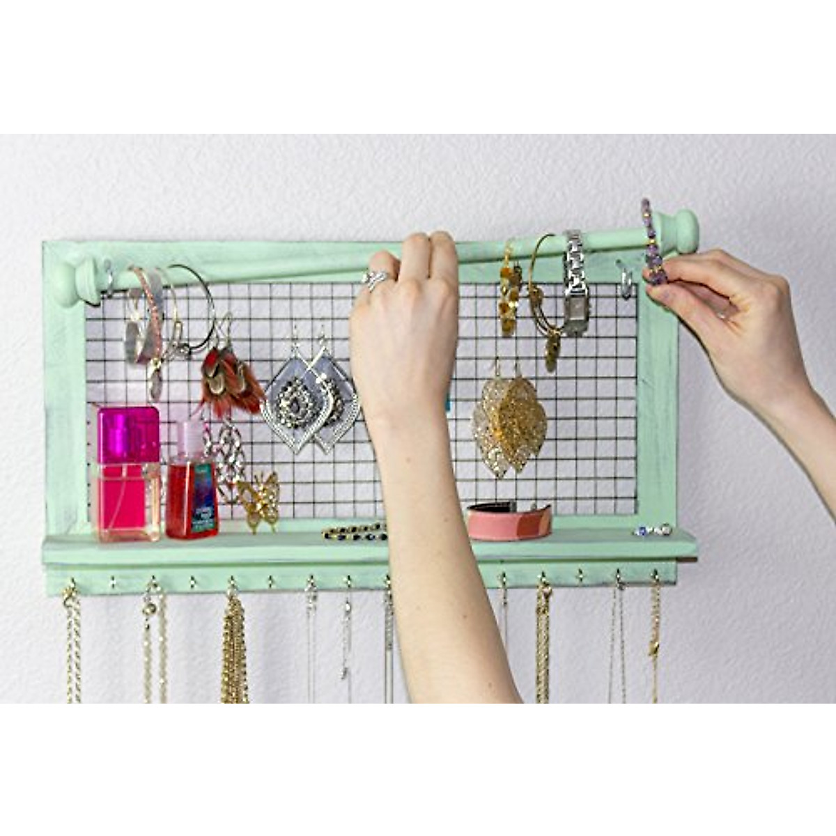 SoCal Buttercup Shabby Chic Jewelry Organizer with Removable Bracelet Rod from Wooden Wall Mounted Holder for Earrings Necklaces Bracelets and Other Accessories