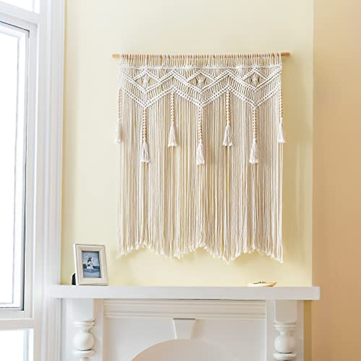 Mkono Macrame Wall Hanging Large Boho Decor Woven Wall Tapestry Chic Art Tassel Christmas Decoration for Backdrop over Bed Bedroom Nursery Dorm Classroom, Including Hanging Rod, 36''W x 42''H