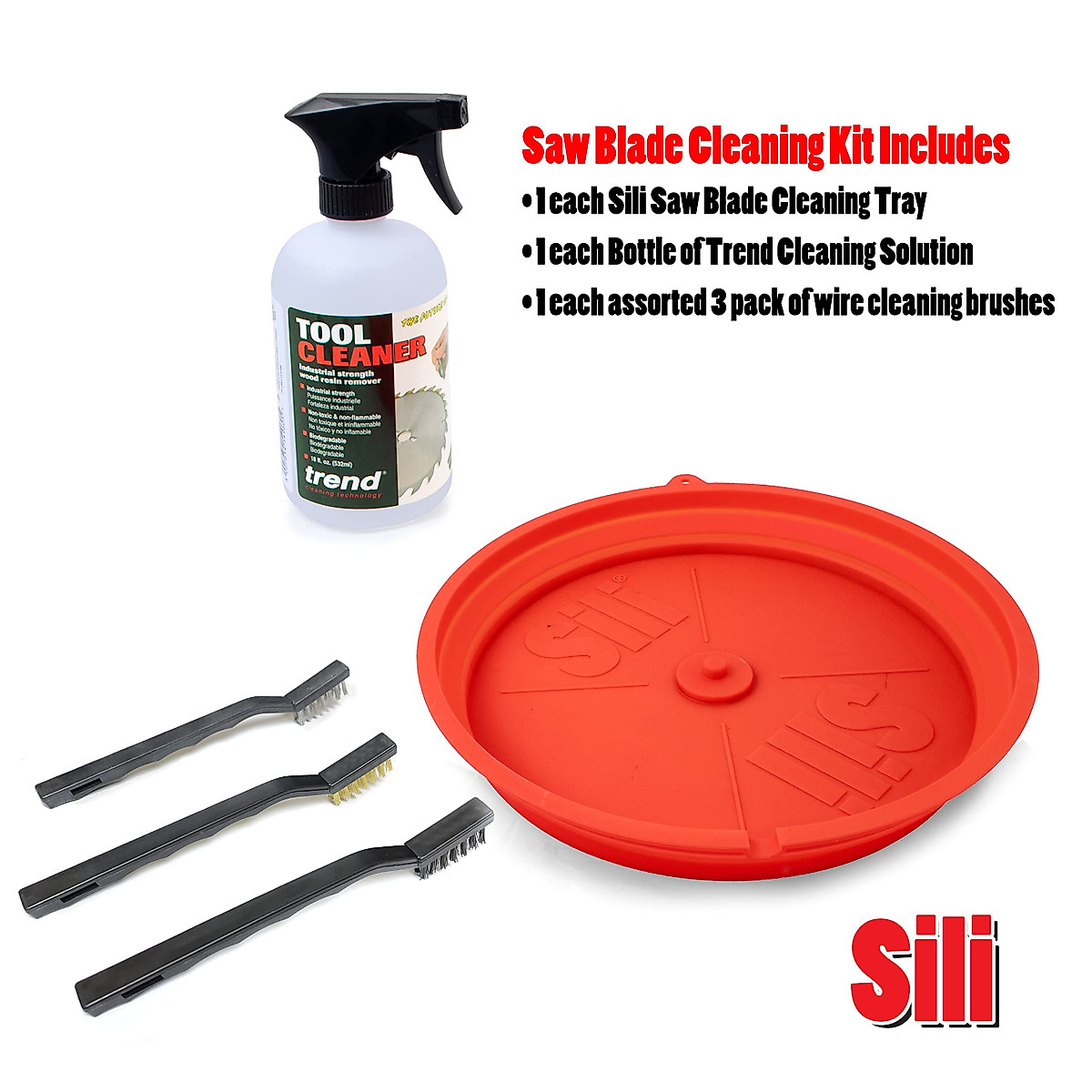The Sili Deluxe Saw Blade Cleaning Kit Includes The Sili Saw Blade Cleaning Tray with Trend CLEAN/500 Tool Cleaner in an 18 Ounce Spray Bottle and The Fulton 3 Piece Assorted Wire Brush Set