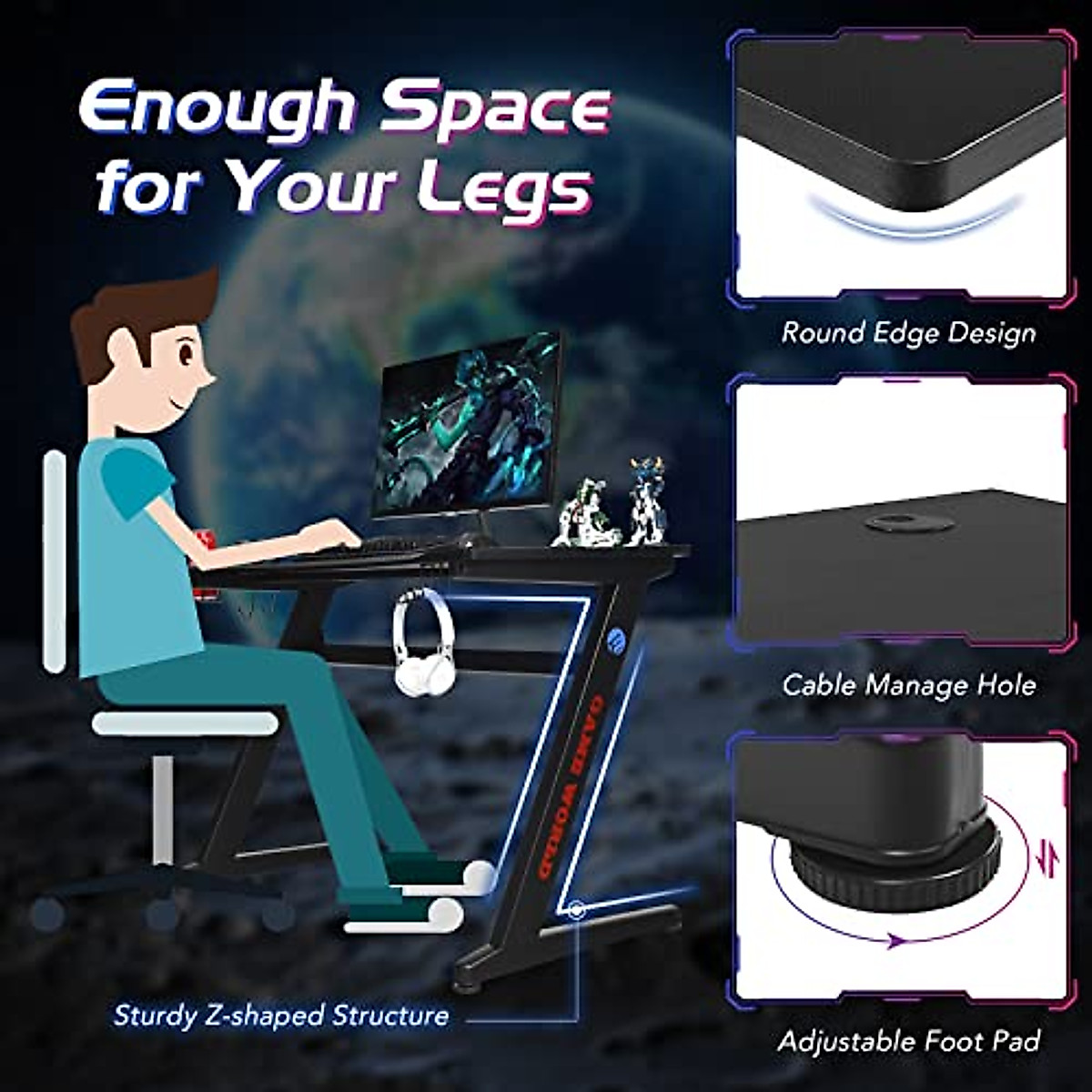 Goplus 45.5 Gaming Desk, Z Shaped Racing Game Table with Carbon Fiber Surface, Mouse Mat, Headphone Hook, Cup Holder, Game Handle Rack, Ergonomic Home Office Computer Table Gamer Workstation