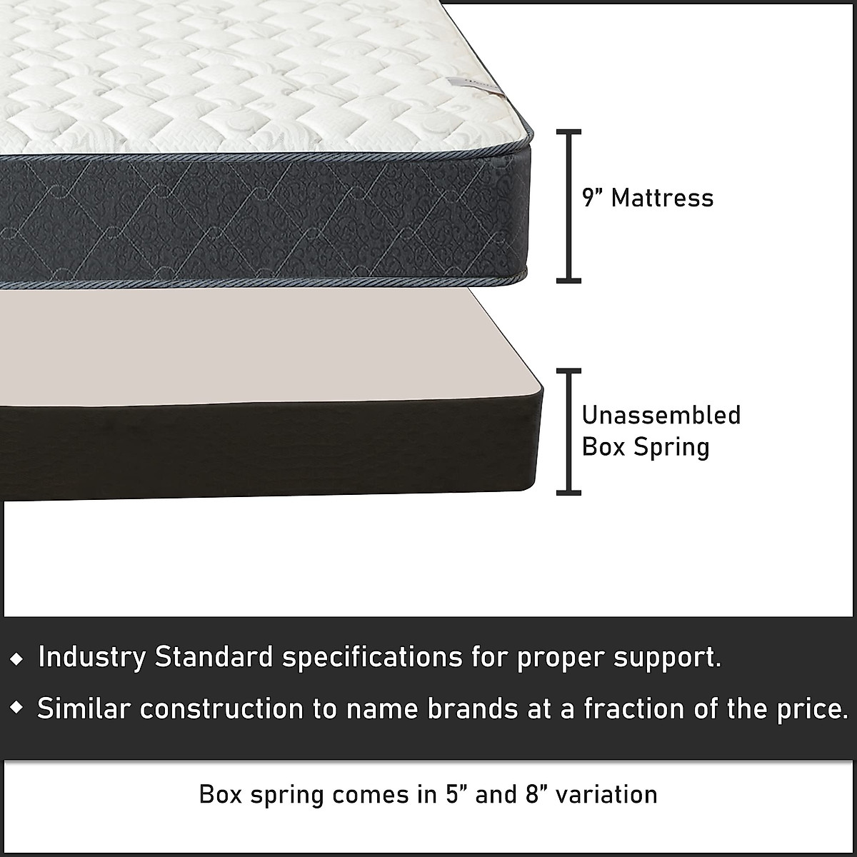 Treaton 9-Inch Medium Firm Tight top Single Sided Hybrid Mattress with 5” Unassembled Box Spring, Queen, Black