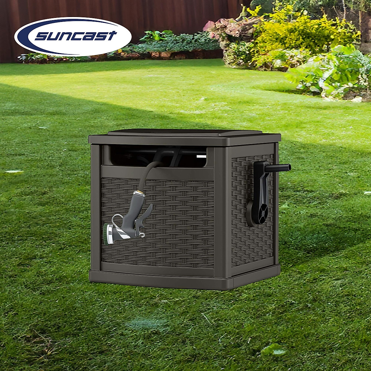 Suncast 150 Foot Slide Trak Outdoor Garden Wicker Resin Water Hose and Reel Hideaway with Brass Connections for Patio or Backyard, Java