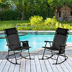 Yaheetech 2pcs 26in Rocking Chair Outdoor Zero Gravity Folding Chairs Rocking Chairs Foldable Outdoor Lounge Chair for Outside Lawn with Cupholder/Pillow Ergonomic Design for Rest