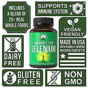 Raw Whole Food Selenium Supplement - Pure Selenium Vegan Capsules for Immune System, Thyroid Support, Heart Health, Prostate. Superior Absorption 30 Pills