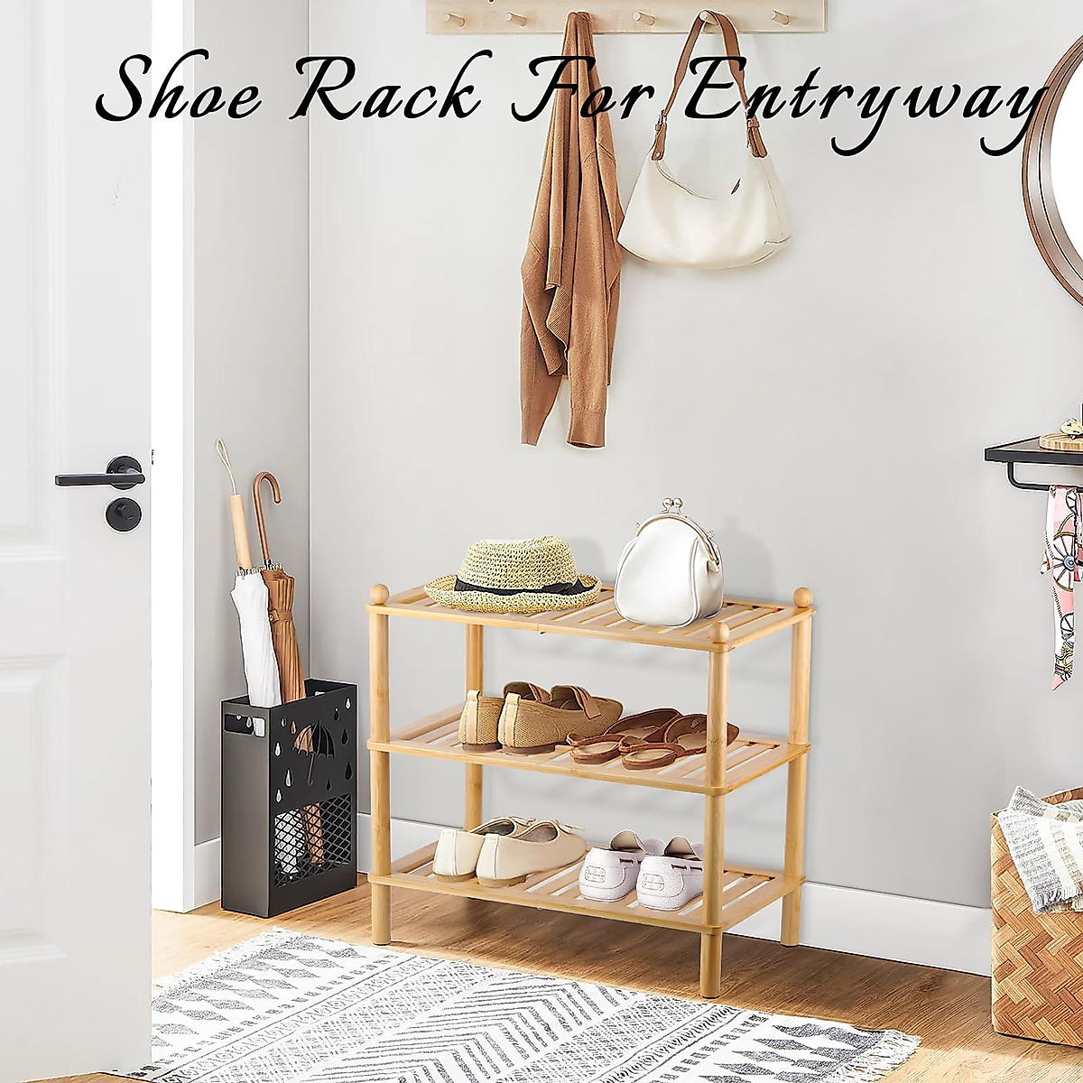 Tohomes 3-Tier Shoe Rack,Shoes Organizer,for Front Door Entrance, Free Standing Shelf Entryway and Closet Hallway, Small Space Stackable Bamboo Multifunctional Racks