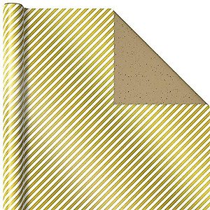 Hallmark All Occasion Reversible Wrapping Paper - Gold & Kraft Stripes, Triangles, Chevron, Polka Dots (3 Rolls: 75 sq. ft. ttl) for Birthdays, Christmas, Hanukkah, Crafts