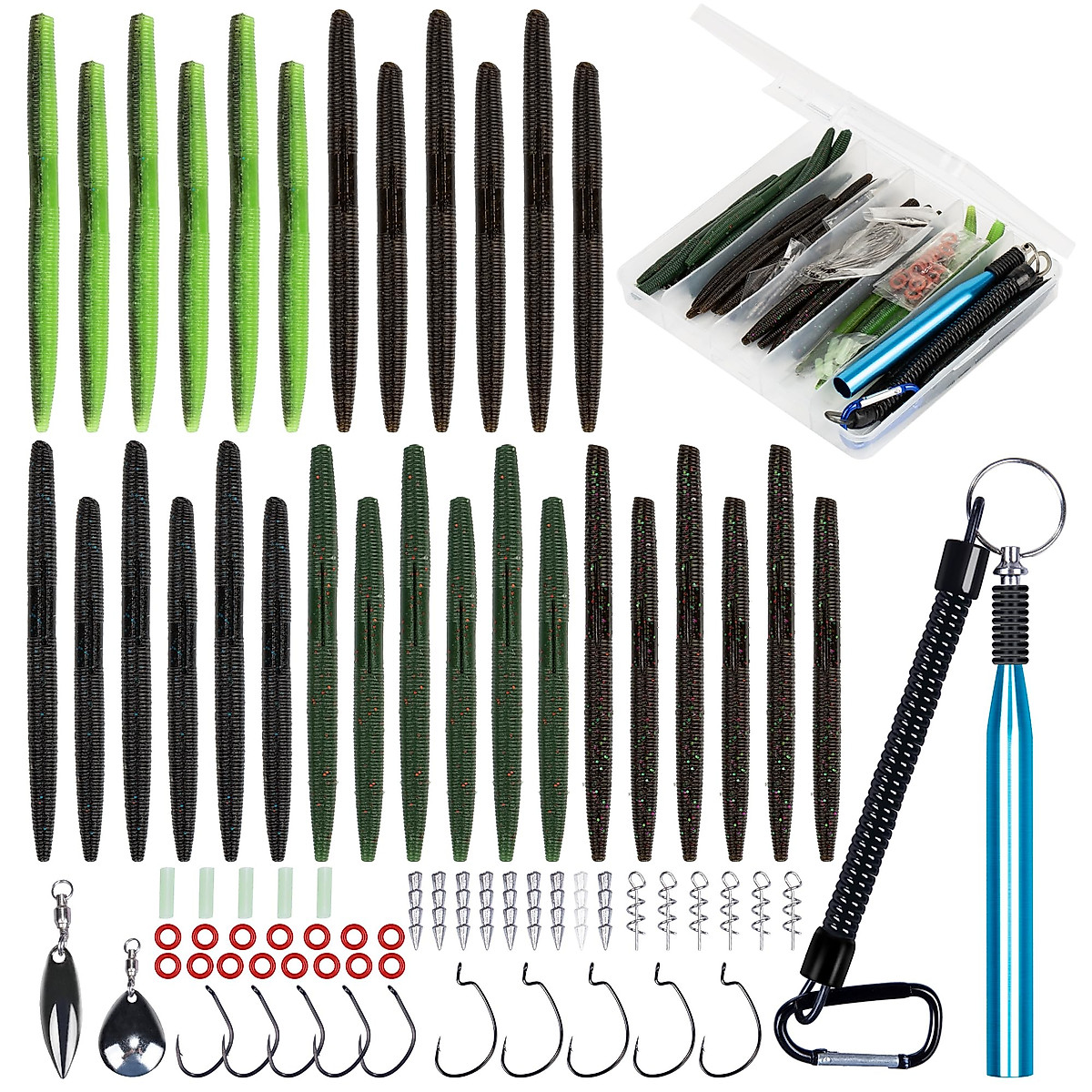 Bombrooster Rubber Worms Senkos 4" 5" Salt Impreatation Soft Plastic Lures Kit Bass Fishing with Hook,Blade,Lock