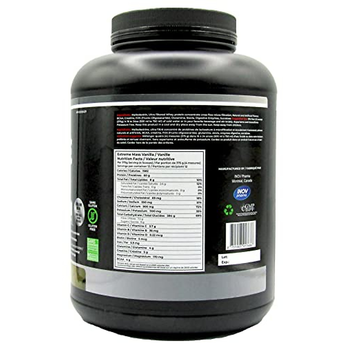 Extreme Mass Vanilla10 lbs (4.54 kg) from Sunshine BioPharma, Mass Gainer Protein Mix Giving The high Calorie, whey, BCAA, creatine, glutamine, Vitamins, Minerals. Improved Formulation, Less Sugar