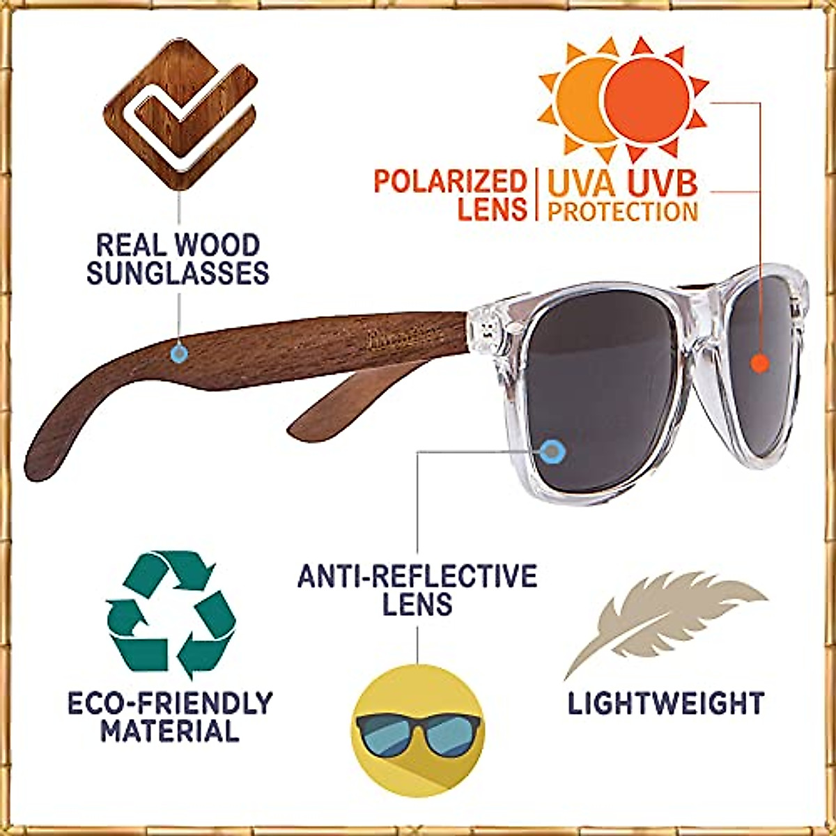 Woodies Polarized Walnut Wood Clear Frame Sunglasses for Men and Women | 100% UVA/UVB Ray Protection