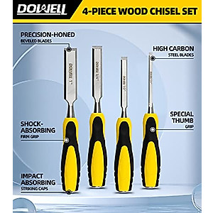 DOWELL Wood Chisel Tool Set 4pc Sturdy Chisel, 1/4 inch,1/2 inch,3/4 inch,1 inch with Carpenter Pencils HY080103