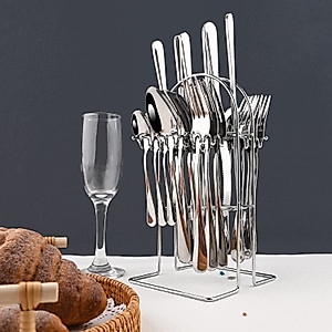 JASHII 24-Piece Hanging Flatware Set & Holder/Stand,Stainless Steel Knives Forks and Spoons Cutlery Set Service for 6, Dishwasher Safe, Nice Family Utensil Gift Set - Shiny Silver