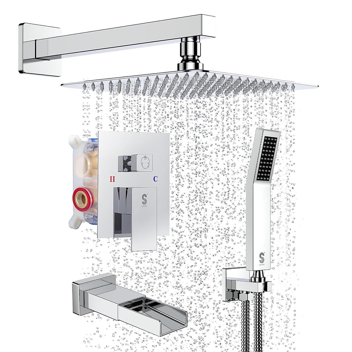 SR SUN RISE 12 Inches All Metal Square Shower System with Tub Spout, Tub Shower Faucet Set, High Pressure Rain Shower Head and Handheld Sprayer Combo Shower Fixtues, Valve Included, Polished Chrome