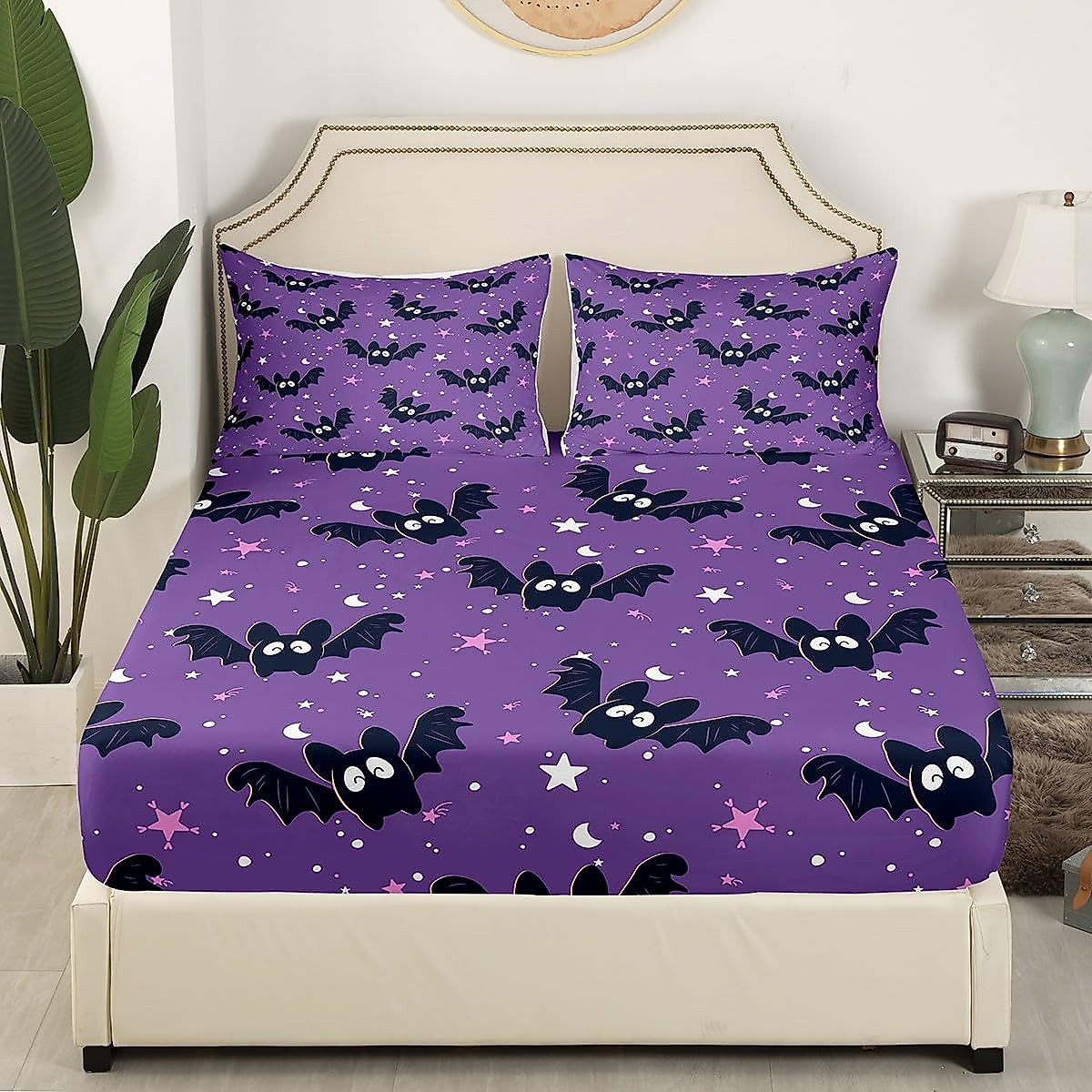 Manfei Kids Happy Halloween Fitted Sheet Twin Size, Black Bats Bedding Set 2pcs for Boys Girls Room Decor, Pink White Stars Moon Bed Cover with 1 Pillowcase, Soft Polyester Bedding