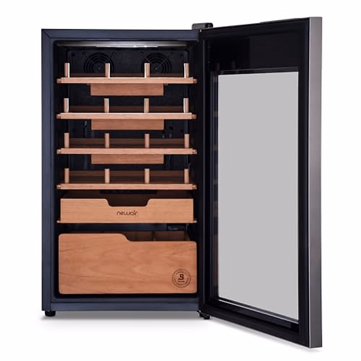NewAir x Boveda 500 Count Electric Humidor, Spanish Cedar Shelves with Temperature Control, Cigar Humidor Box with Built-In Boveda Humidity Control in Stainless Steel