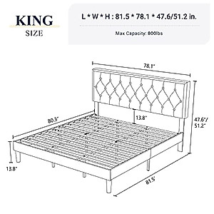 Allewie King Size Platform Bed Frame/Fabric Upholstered Bed Frame with Diamond Button Tufted Headboard/Adjustable Headboard/Wood Slat Support/Mattress Foundation/Dark Grey (King)