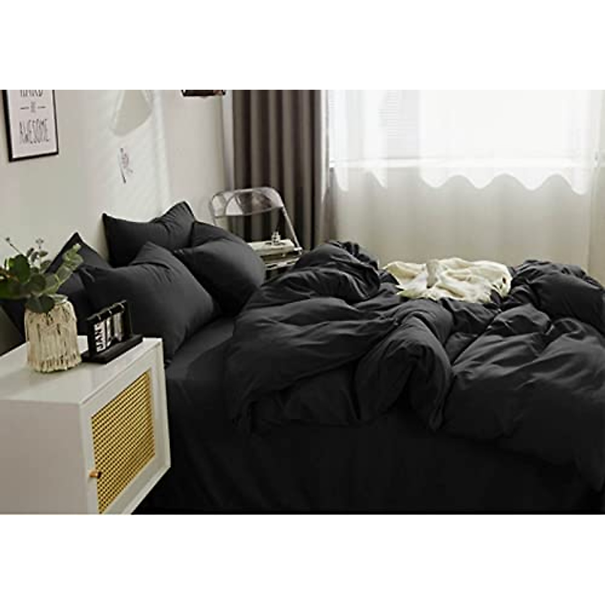Nanko Queen Duvet Cover Set Black 3pc 90x90 Luxury Microfiber Down Comforter Quilt Bedding Cover with Deco Buttons Zip Closure Ties - Modern Style for Men and Women Chambray Teen