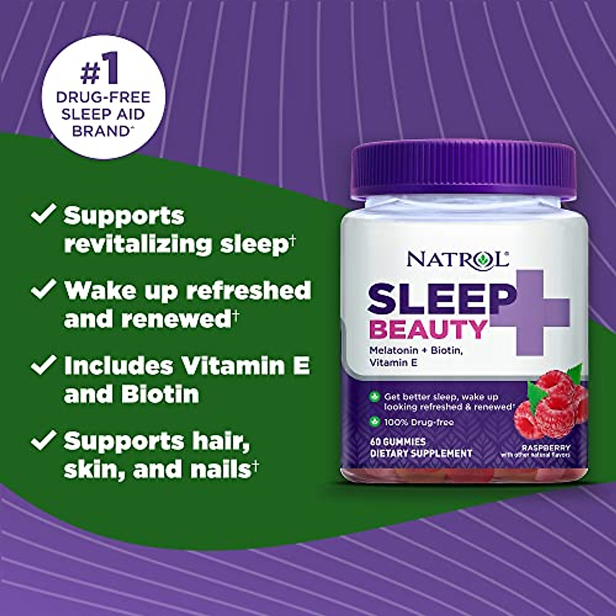 Natrol Sleep+ Beauty, Drug Free Sleep Aid Supplement, for Skin, Hair, Nails, Biotin, Vitamin E, 60 Raspberry Flavored Gummies