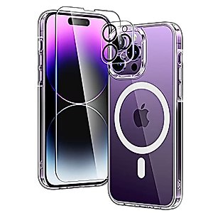 TAURI [5 in 1 Magnetic Case for iPhone 14 Pro [Military Grade Drop Protection] with 2X Screen Protector +2X Camera Lens Protector, Transparent Slim Fit Designed for Magsafe Case-Clear