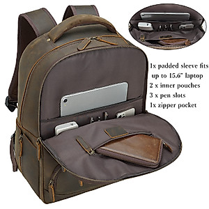 Masa Kawa Large Full Grain Leather 17.3" Laptop Backpack for Men Vintage Brown College School Bookbag Business Travel Work Casual Daypack Rucksack Bag