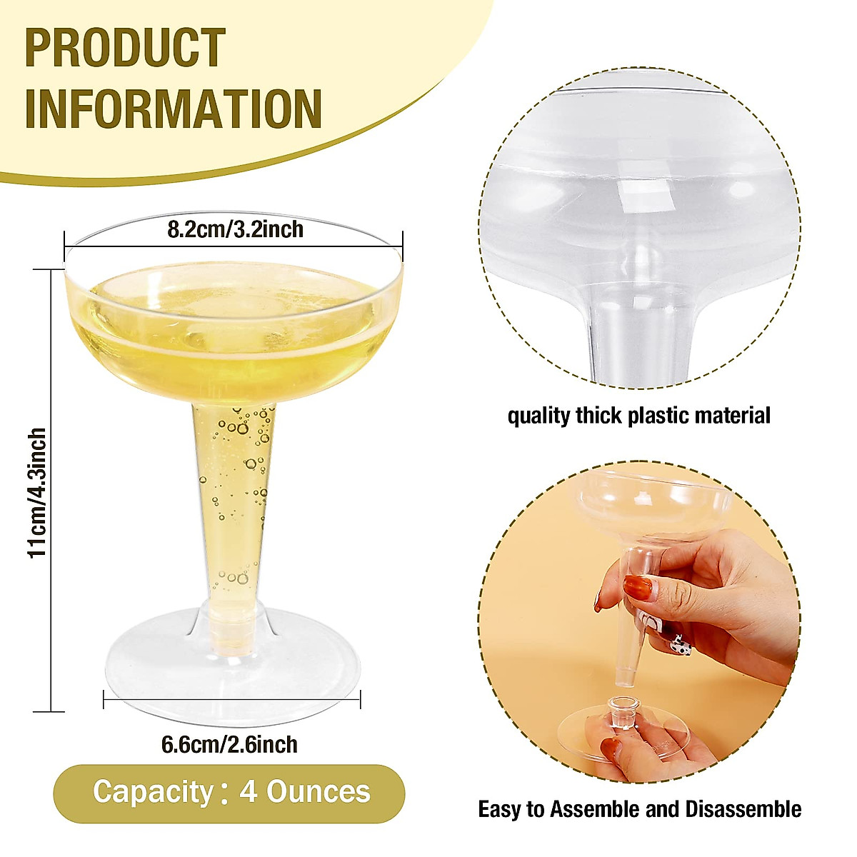 mwellewm 50 Pack Plastic Cocktail Glasses, 4 Oz Clear Disposable Champagne Flutes Margarita Glasses, Stemmed Stackable Shatterproof Dessert Cups Plastic Wine Glasses for Wedding, Celebration (Clear)