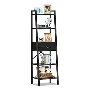 Furologee 5 Tier Bookshelf, Ladder Shelf with Drawer, Tall Bookcase Corner Shelf, Narrow Shelf Industrial Display Standing Units for Home Office, Living Room, Bedroom, Kitchen, Black Oak