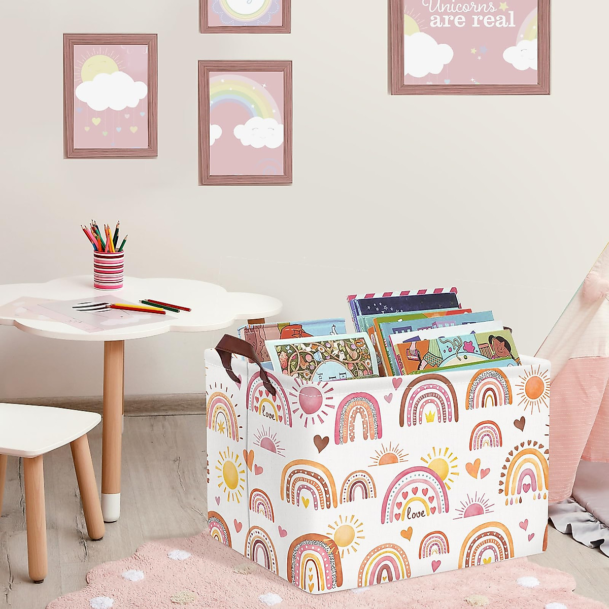 Clastyle Boho Pink Purple Rainbow Storage Baskets Rectangular Sun Heart White Shelf Basket with Handle Clothes Books Toys Storage Bin for Bedroom Kindergarten