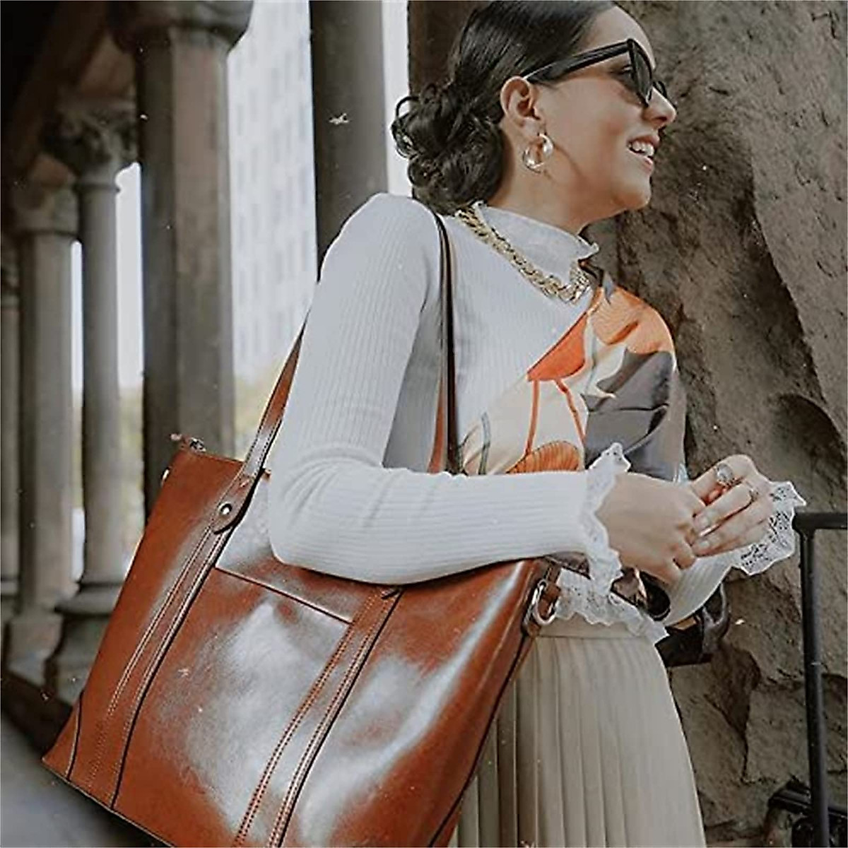 S-ZONE Leather Tote Bag for Women Office Shoulder Handbag 15.6 Inch Work Laptop Briefcase (Dark Brown)