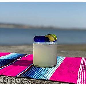 Hand Blown Mexican Drinking Glasses - Set of 6 Tumbler Glasses with Cobalt Blue Rims (10 oz each)