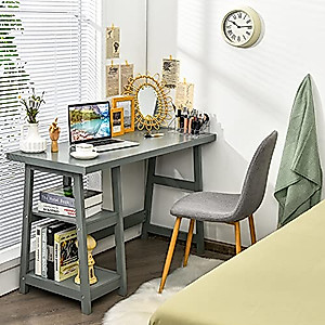 Tangkula Computer Desk with Shelves, Modern Trestle Desk Home Office Desk with Storage Shelf, Space Saving Study Writing Desk, Desk for Bedroom