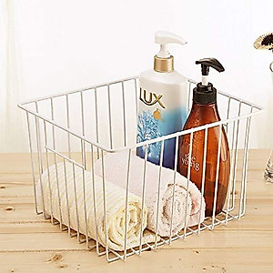 Slideep 11'' Farmhouse Freezer Food Storage Organizer Baskets Modern Refrigerator Metal Wire Basket Bin with Built-in Handles for Kitchen, Pantry, Bathroom, Cabinets, White -Set of 6