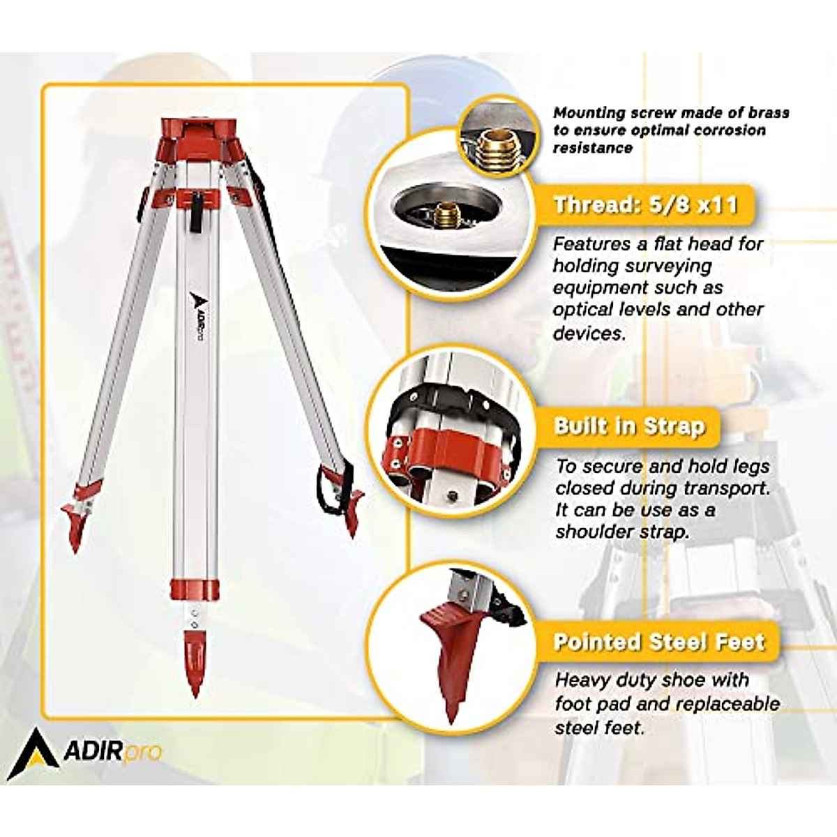 AdirPro Universal Survey Tripod – Aluminum Laser Level Tripod – Transit Level Tripod - Quick Clamp - Heavy Duty Contractor Tripod 5/8” x 11” Thread (Orange)