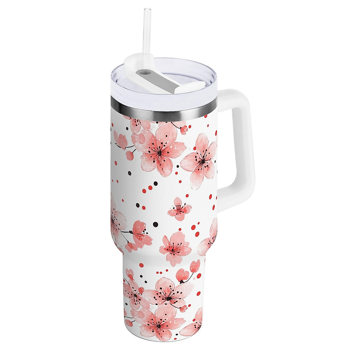 ALAZA Cherry Flowers Dots 40 oz Tumbler Water Bottle with Straw Lid and Handle,Reusable Insulated Stainless Steel Cup for Women Men Travel Car Cup Holder