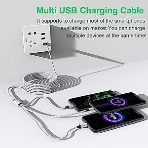 Multi 3 in 1 USB Long iPhone Charging Cable, 1.8M/5.9Ft Nylon Braided Universal Phone Charger Cord USB C/Micro USB/Lightning Connector Adapter for Android/Apple/Samsung/LG/Pixel/Huawei/XiaoMi(Gray)