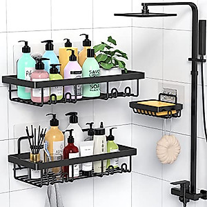 QUIUMES Shower Caddy, Bathroom Organizer Adhesive Shower Shelf [3-Pack], Rustproof Shower Shelves And 10 Hooks, No Drilling Required, Shower Organizer Perfect For Holding Shampoo, Soap And More.