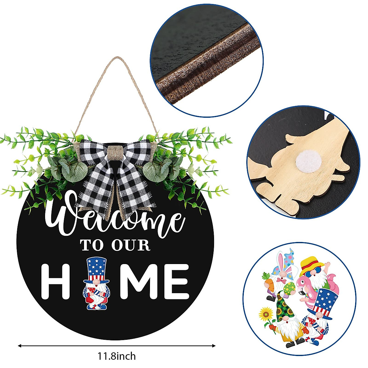 Gnome Wooden Seasonal Welcome Door Sign Interchangeable Welcome to Our Home Round Wood Hanging Front Door Sign with Burlap Bow with 12 Seasonal Ornament for Independence Day Holiday Porch (Black)