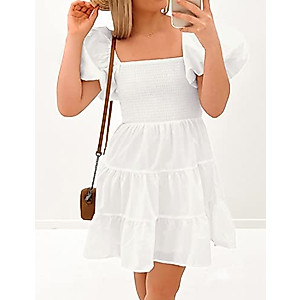 ZESICA Women's 2023 Boho Summer Square Neck Puff Sleeve Off Shoulder Smocked Tiered Casual A Line Short Mini Dress,White,Medium