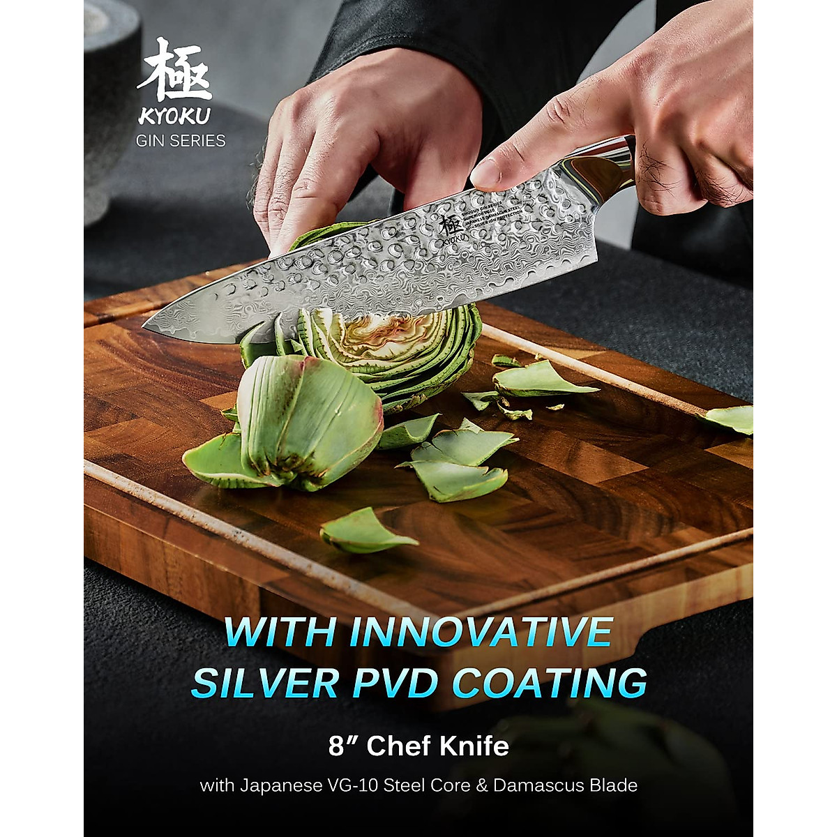 KYOKU Gin Series Chef Knife, 8" All Purpose Kitchen Knife, Japanese VG10 Damascus Stainless Steel Knife with Silver Ion Blade G10 Handle Mosaic Pin, Professional Knife for Meat Fruit Vegetables