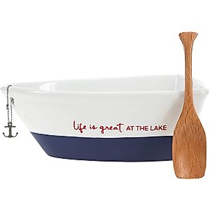 Pavilion - Life Is Great At The Lake - 12 Oz Stoneware Boat Dish Server With Wooden Oar Scoop,Blue