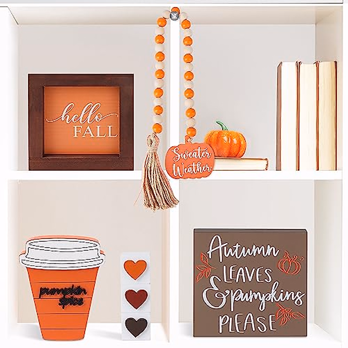 Fall Table Decor, Farmhouse Fall Home Decor Set with 3 Heart Blocks, 3 Wooden Signs and Wood Bead Garland for Tiered Tray, Shelf and Mantle - Fall Decorations for Home (Tray not Included)