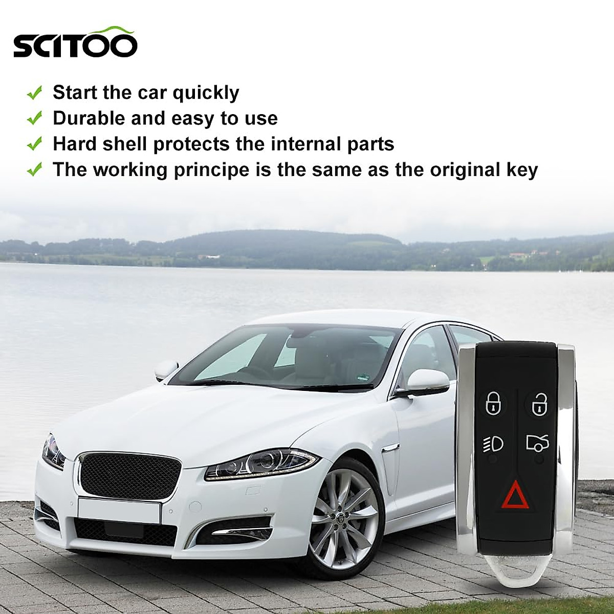 SCITOO Keyless Entry Remote Key Fob SHELL CASE Replacement for 5 Buttons Uncut Car Key for Jaguar XF 2009-2013 XJ8 2010 XK8 2006-2010 XKR 2006-2014 XK 2014-2015 1pc FCC KR55WK45694 KK-6255