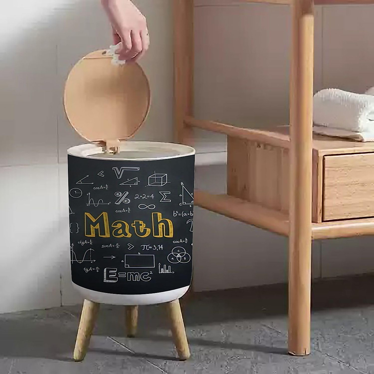 Small Trash Can with Lid for Bathroom Kitchen Office Diaper Math chalkboard hand drawn style Round lettering mathematical symbols Bedroom Garbage Trash Bin Dog Proof Waste Basket Cute Decorative