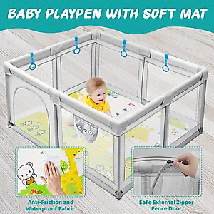 Baby Playpen, Playpen for Babies and Toddlers, Indoor & Outdoor Playard Kids Activity Center with Mat, Anti-Slip Base, Sturdy Safety Baby Playpen with Gate 50''x 50''x 27'' (Light Grey)