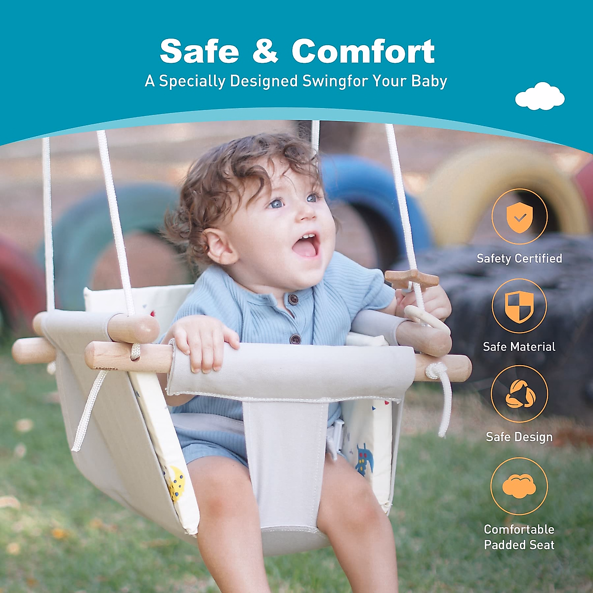 Troispot Ceiling Swing Chair for Baby, 110lbs Secure Hanging Sensory Swing Hammock Chair Seat for Baby, Infant, Toddler, Child, Kids Toys, Indoor Outdoor Tree Swing with Safety Belt, A2