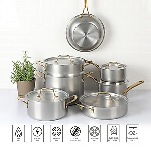 MARTHA STEWART Vintage 18/8 Triply Stainless Steel 12 Piece Cookware Set w/Gold Handles
