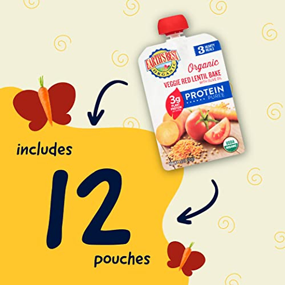 Earth's Best Organic Toddler Food Pouches, Toddler Protein Puree for Kids 2 Years and Older, Organic Veggie Red Lentil Bake with Olive Oil, 4.5 oz Resealable Pouch (Pack of 12)