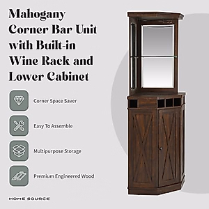 Home Source 73" Tall Corner Storage Cabinet with Wood Doors, Wine Rcak, Liquor Glass Holder, Glass Design Large Rustic Bar Hutch for Living Room, Home Office, Kitchen, Small Space, Charcoal