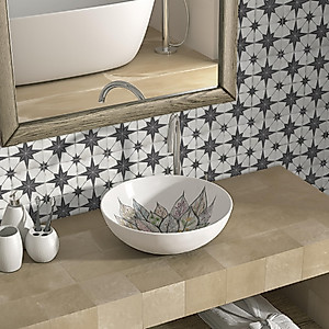 Peel and Stick Floor and Wall Tile for Bathroom Kitchen SPC Vinyl Self Adhesive Flooring Tile 9x9In Black Star Encaustic Patterned Groutble Backsplash Tile 16 Tiles, 9.12 Sq Ft.