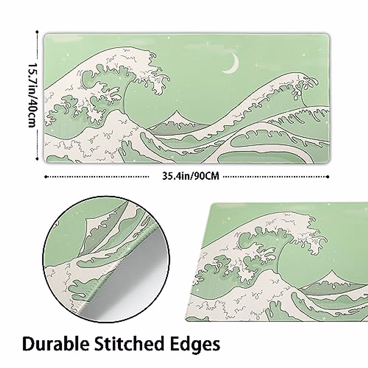 Matcha Green White Japanese Anime Gaming Mouse Pad XXL Cute Kawaii Sage Aesthetic Sea Wave Extended Large Desk Mat Non-Slip Rubber Base Stitched Edge Keyboard Mousepad for PC Laptop,35.4×15.7 in
