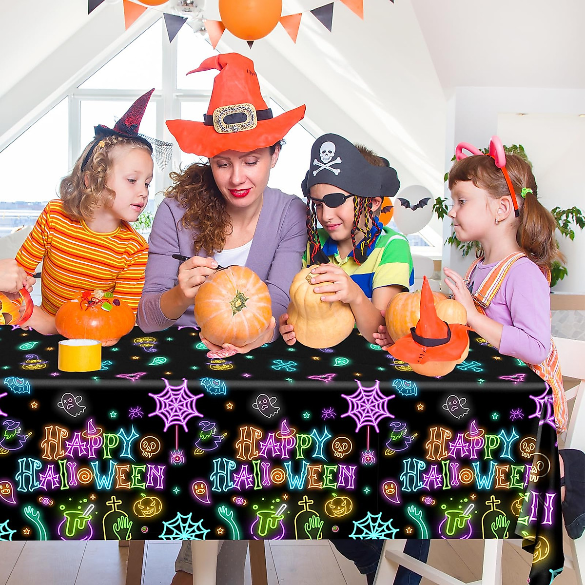 CMUSKO 3Pcs Neno Halloween Tablecloths-Glow Black Halloween Disposable Plastic Table Cover for Happy Halloween Party Supplies